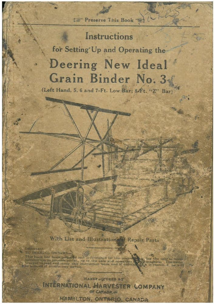 Deering New Ideal Grain Binder No 3 Operators Manual with Parts List