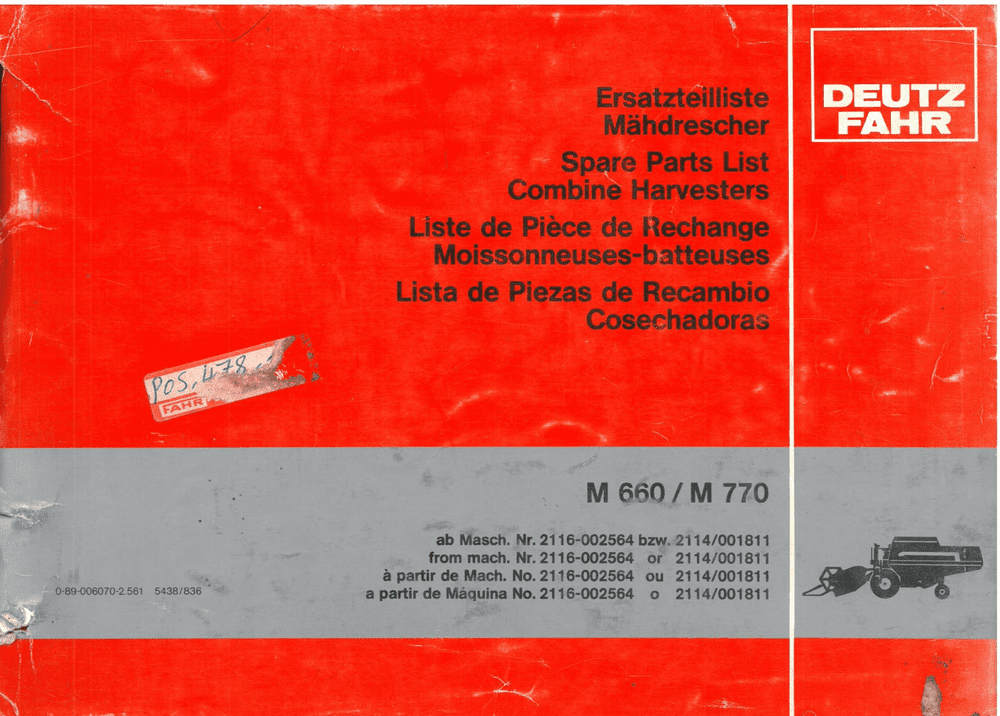 Deutz Fahr Combine M660 & M770 Parts Manual