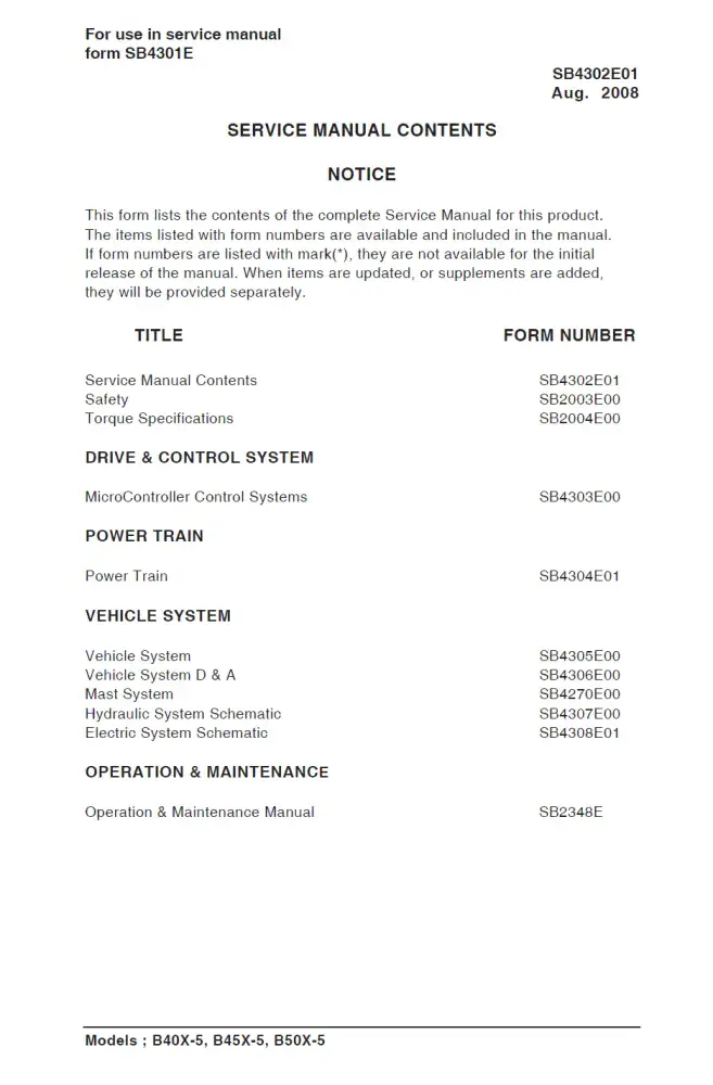 Doosan Forklift Diesel B40X-5 B45X-5 B50X-5 Workshop Service Manual