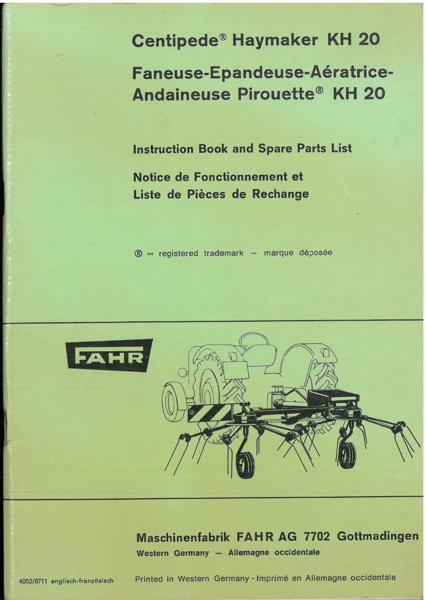 Fahr Tedder Centipede Haymaker KH20 Operators & Parts List