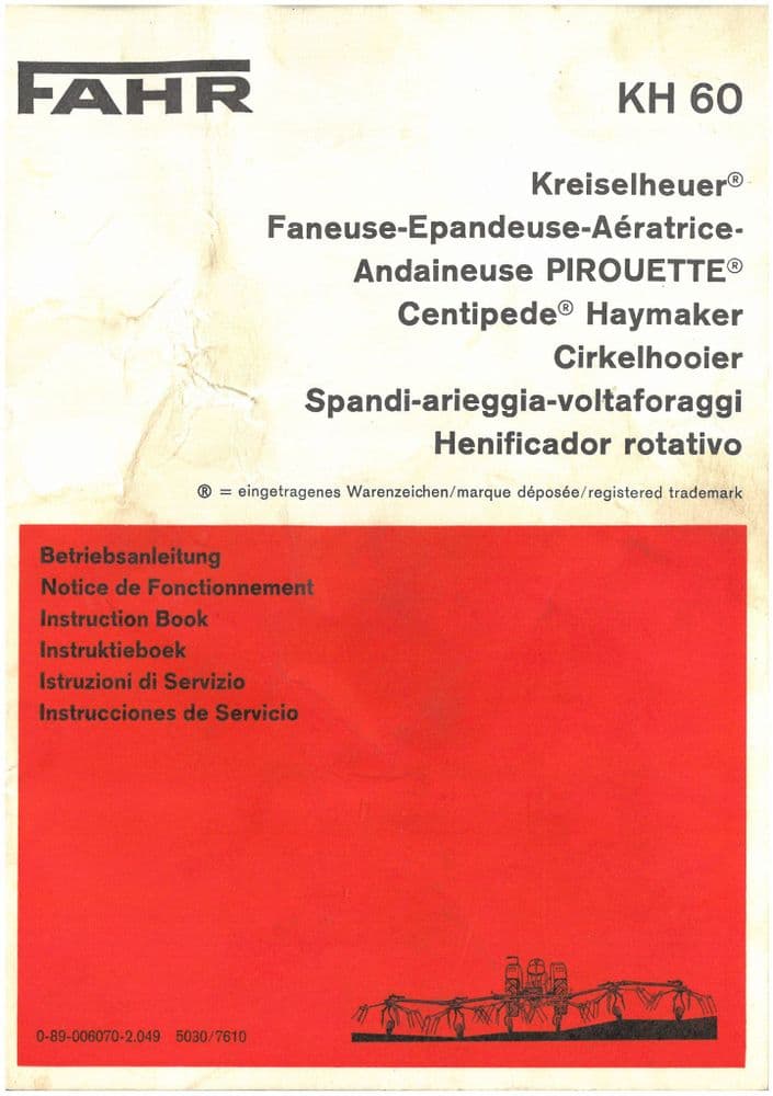 Fahr Tedder Centipede Haymaker KH60 Operators Manual - KH 60