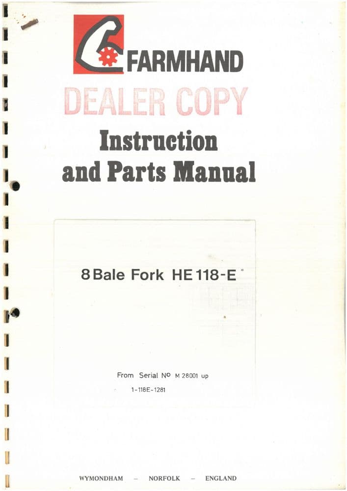 Farmhand 8 Bale Fork HE 118-E Operators Manual with Parts List