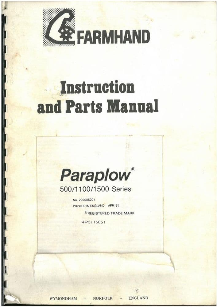Farmhand Paraplow 500 1100 1500 Series Operators Manual with Parts List