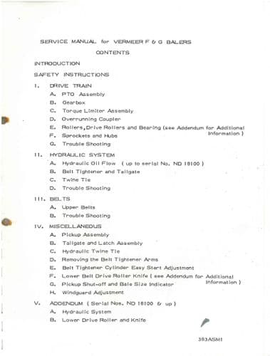 Farmhand Vermeer F & G Baler Workshop Service Manual
