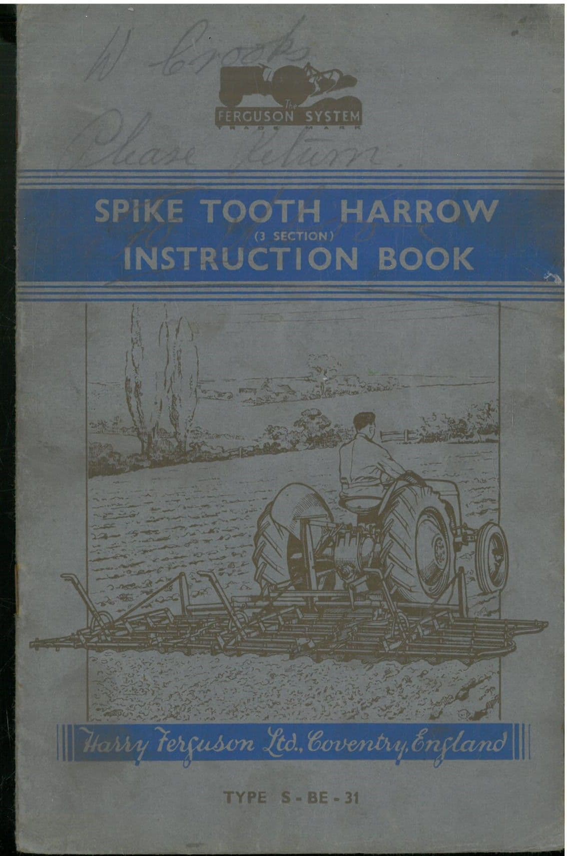 Ferguson Spike Tooth Harrow Type S-BE-31 Operator Manual