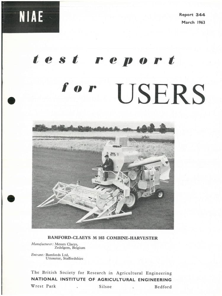 Field Test for Bamford Claeys M103 Combine Harvester NIAE Test Report ...