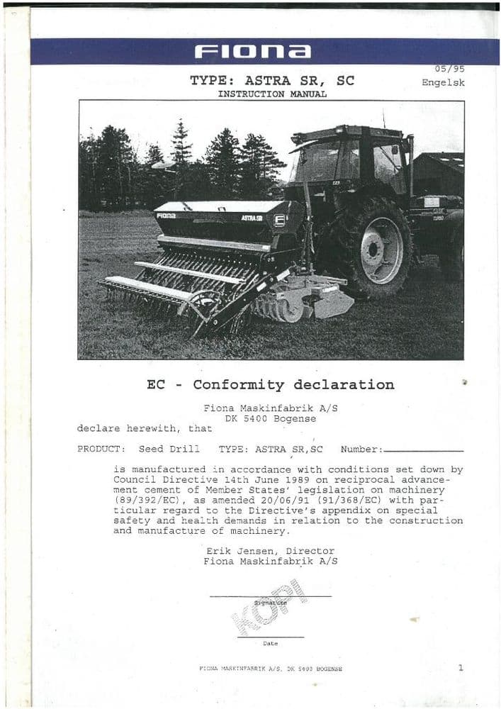 Fiona Seed Drill ASTRA SR SC Operators Manual and Parts List