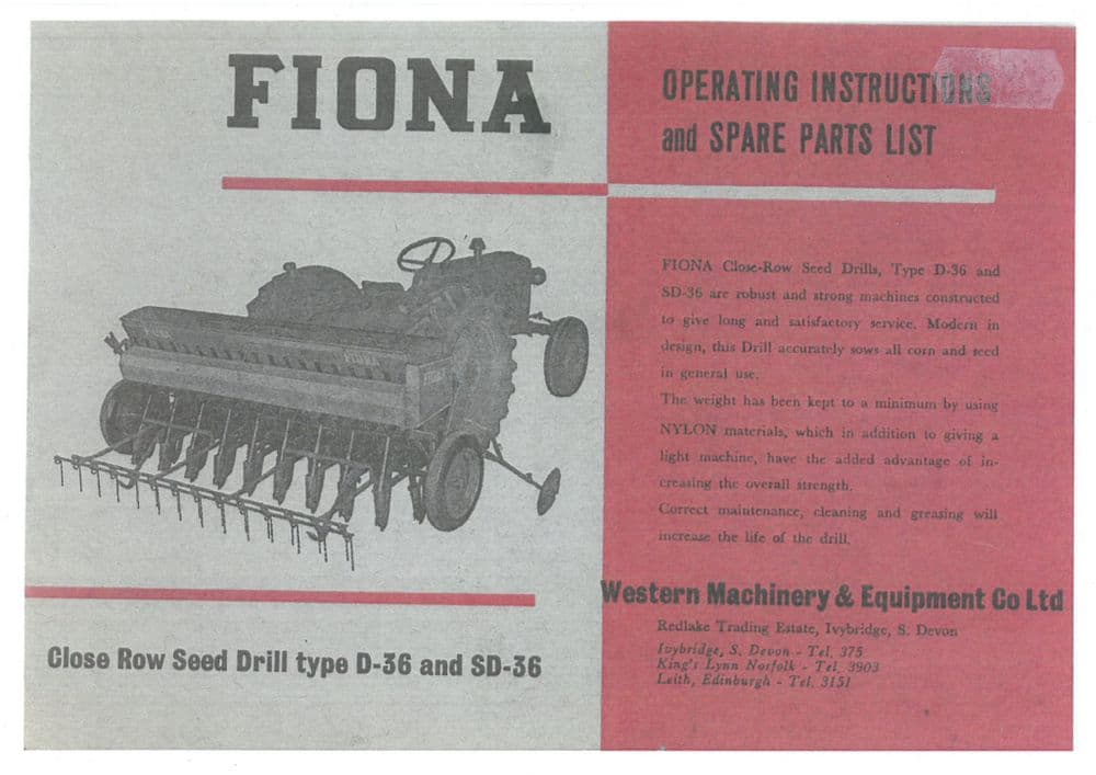 Fiona Seed Drill Model D36 & SD36 Operators Manual and Parts List - D SD 36
