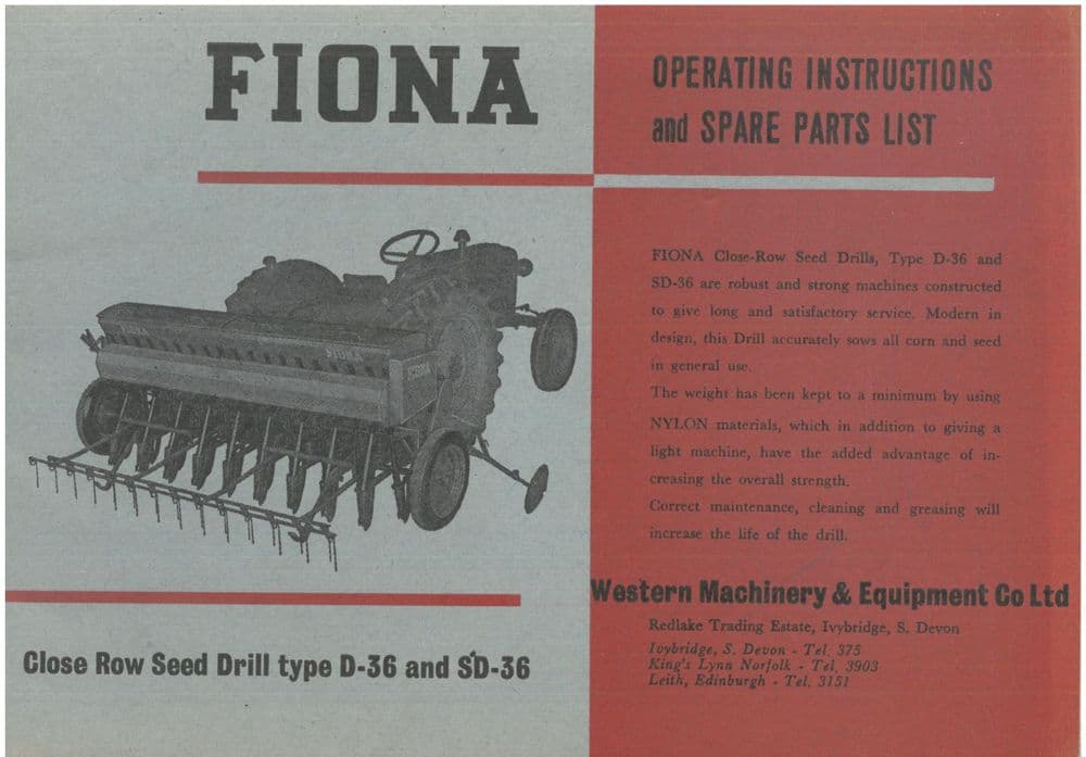 Fiona Seed Drill Model D36 & SD36 Operators Manual and Parts List - D ...