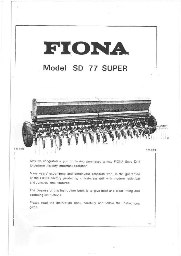 Fiona Seed Drill Model SD77 Super Operators Manual and Parts List - SD 77