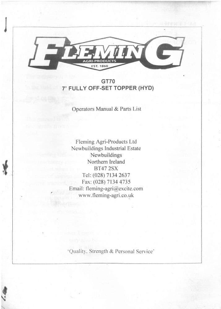 Fleming GT70 7 Off Set Topper HYD Operators Manual & Parts List GT 70