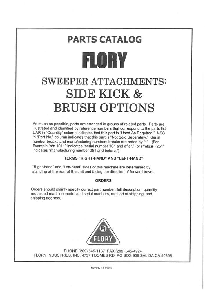 Flory Sweeper Side Kick & Brush Attachements Parts Manual