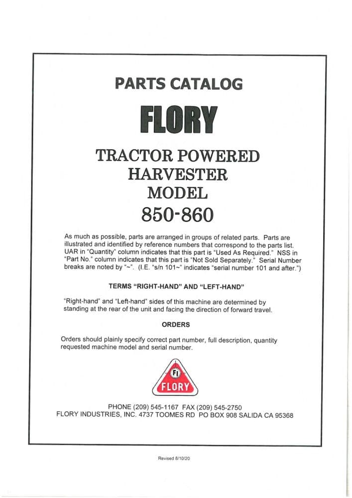 Flory Tractor Powered Harvester 850-860 Parts Manual