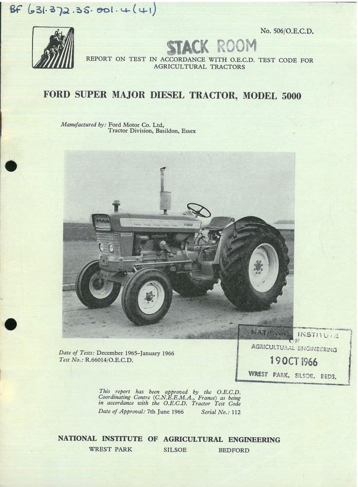 Ford Super Major Model 5000 Tractor NIAE Test Report Brochure