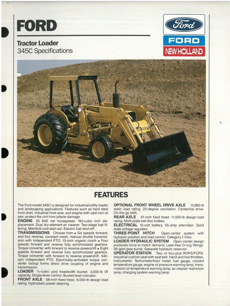 Ford Tractor Loader - 345C Specifications Brochure