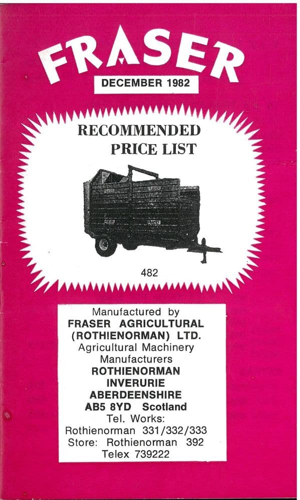 Fraser Trailers and Muck Master Spreader Price List - Dated Dec 1982