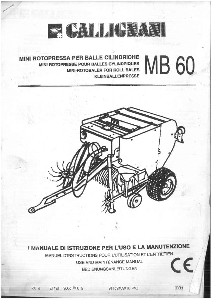 Gallignani Mini-Rotobaler for Roll Bales MB60 Operators Manual