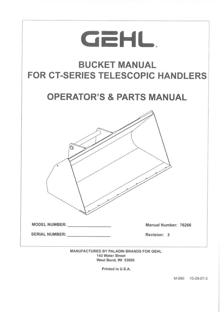 Gehl CT Series Telescopic Handler Bucket Operators Manual with Parts List