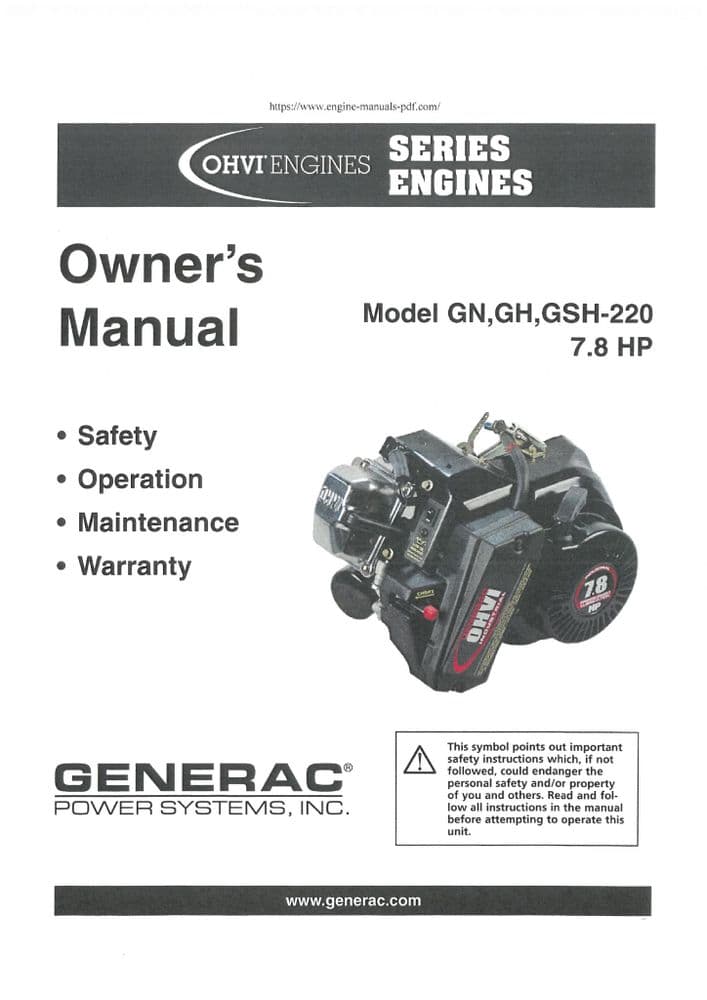 Generac OHVI Engine GN GH GSH-220 7 8HP Operators Manual