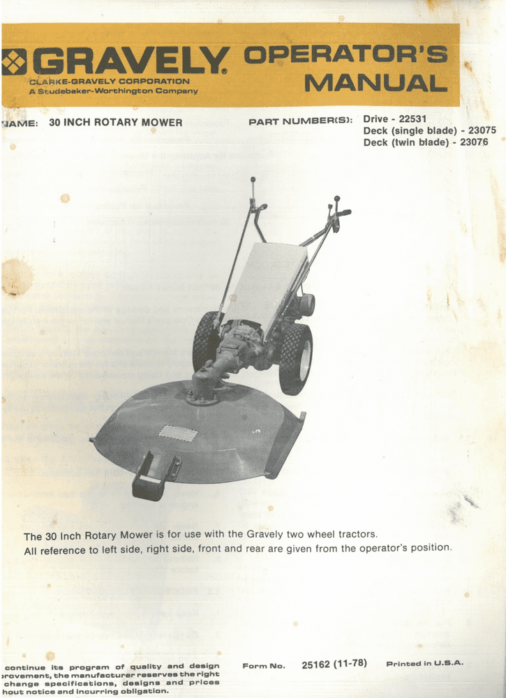 Gravely Rotary Mower 30Inch Operators Manual