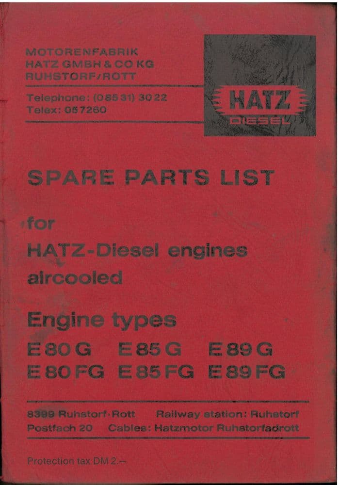 Hatz Engine E80G E80FG E85G E85FG E89G E89FG Parts Manual