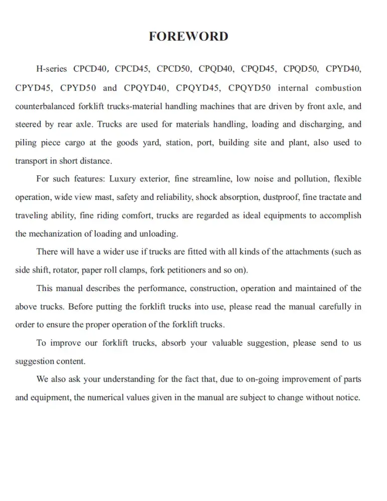 Heli Forklift Truck CPCD 40 45 50/ CPQD 40 45 50/ CPYD 40 45 50/ CPQYD 45 50 Workshop Manual