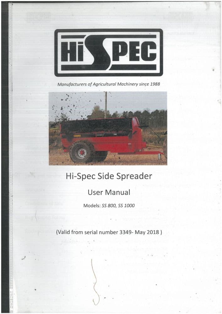 HiSPEC Slurry Tanker Side Spreader 800 & 1000 Operators Manual - ORIGINAL 1