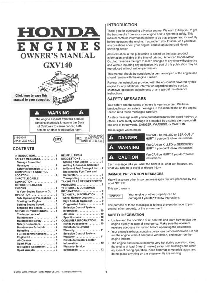 Honda Engine GXV140 Operators Manual