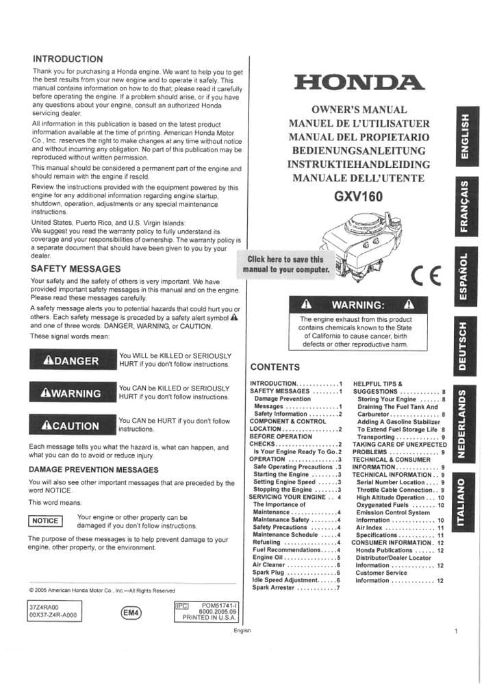 Honda Engine GXV160 Operators Manual