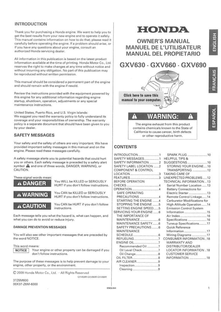 Honda Engine GXV630 GXV660 GXV690 Operators Manual