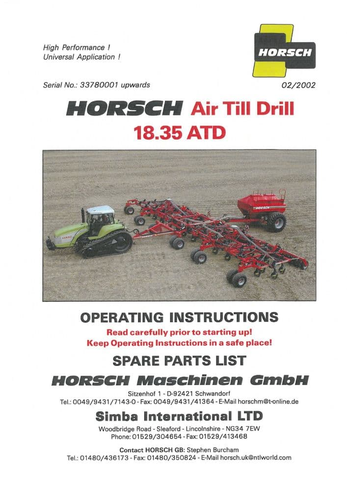 Horsch Air Till Drill 18 35 ATD Operators Manual
