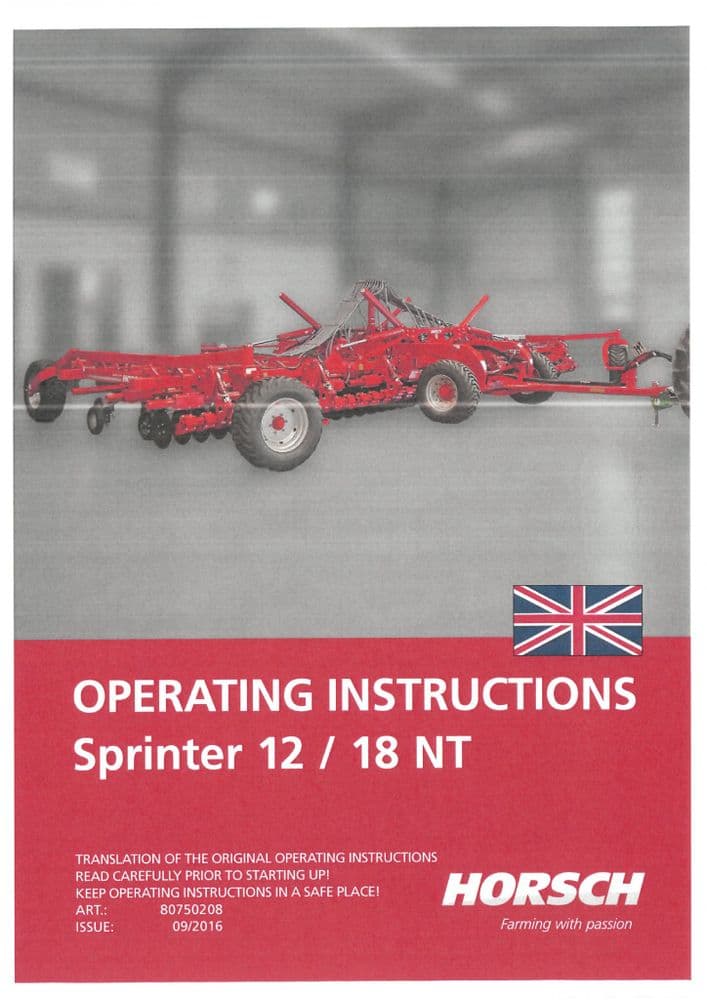 Horsch Tine Seed Drill Sprinter 12NT 18NT Operators Manual