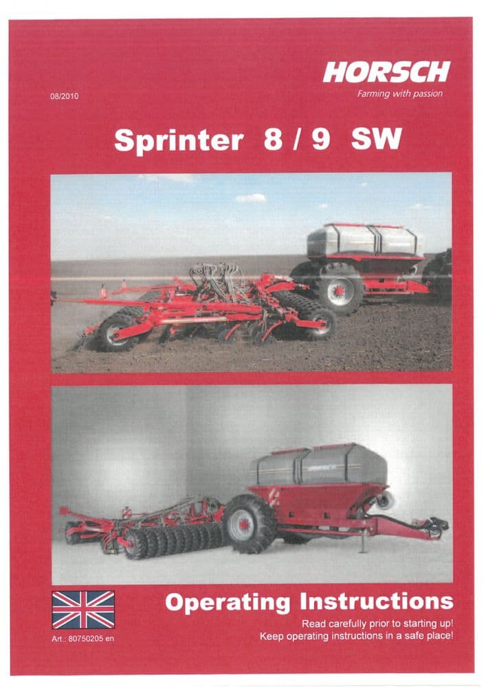 Horsch Tine Seed Drill Sprinter 8SW 9SW Operators Manual
