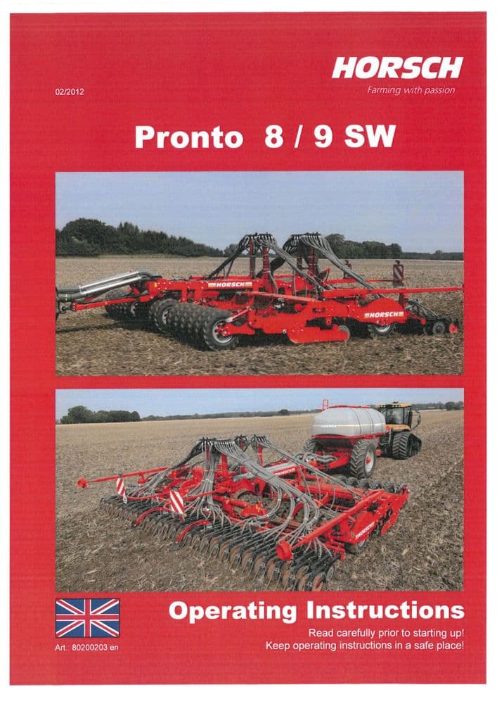 Horsch Universal Seed Drill Pronto 8SW 9SW Operators Manual