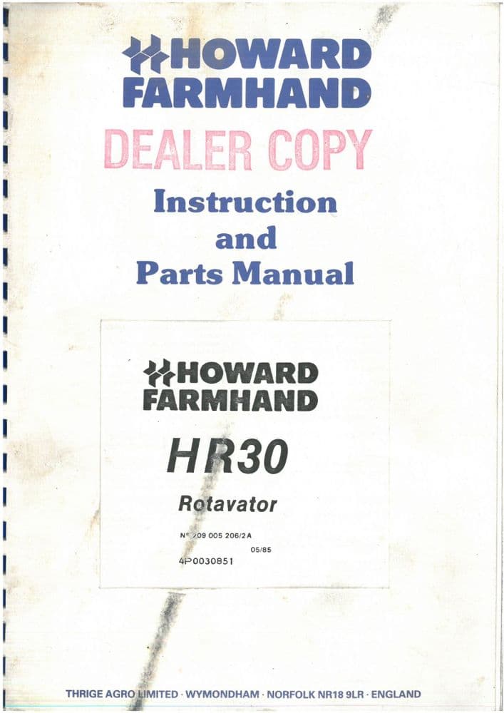 Howard Farmhand Rotavator HR30 Operators Manual with Parts List - ORIGINAL