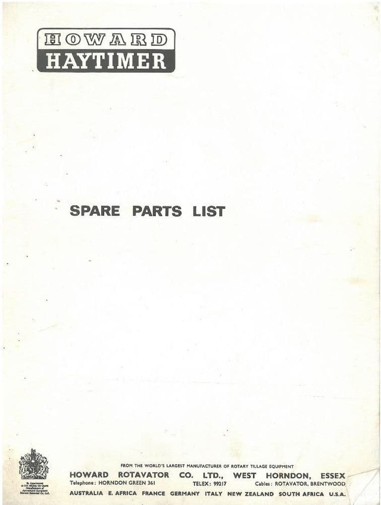 Howard Haytimer Mower Parts Manual