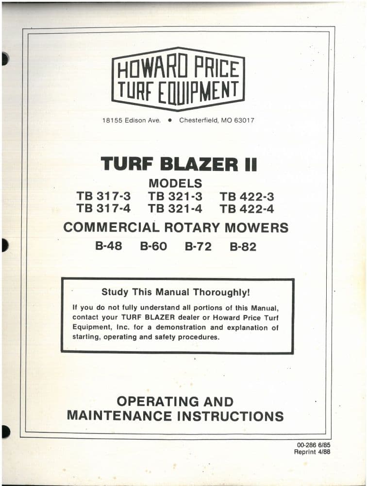 Howard Mowers Turf Blazer II - TB 317-3 317-4 321-3 321-4 422-3 422-4 ...