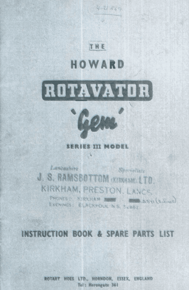 Howard Rotavator Gem Series III 3 Operators Manual and Parts List