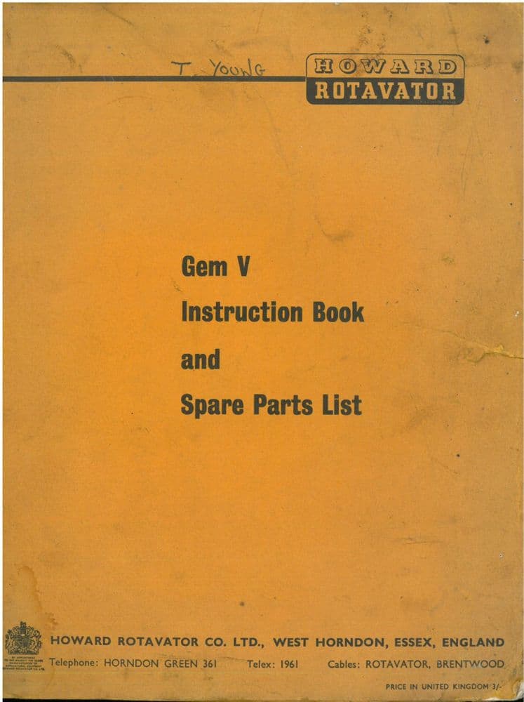 Howard Rotavator Gem V Operators Manual with Parts List - ORIGINAL