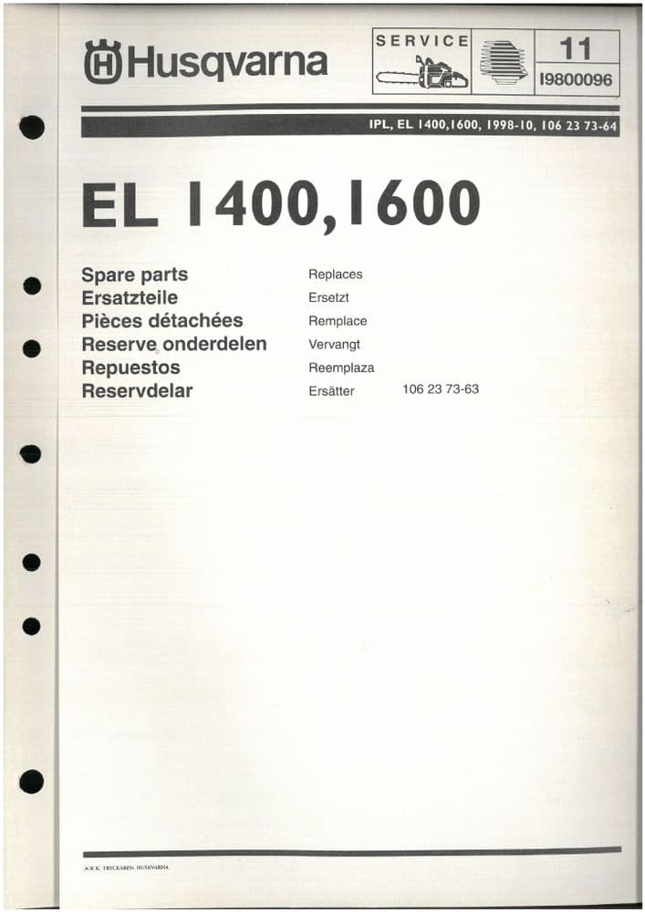 Husqvarna Chainsaw EL 1400 1600 Parts Manual