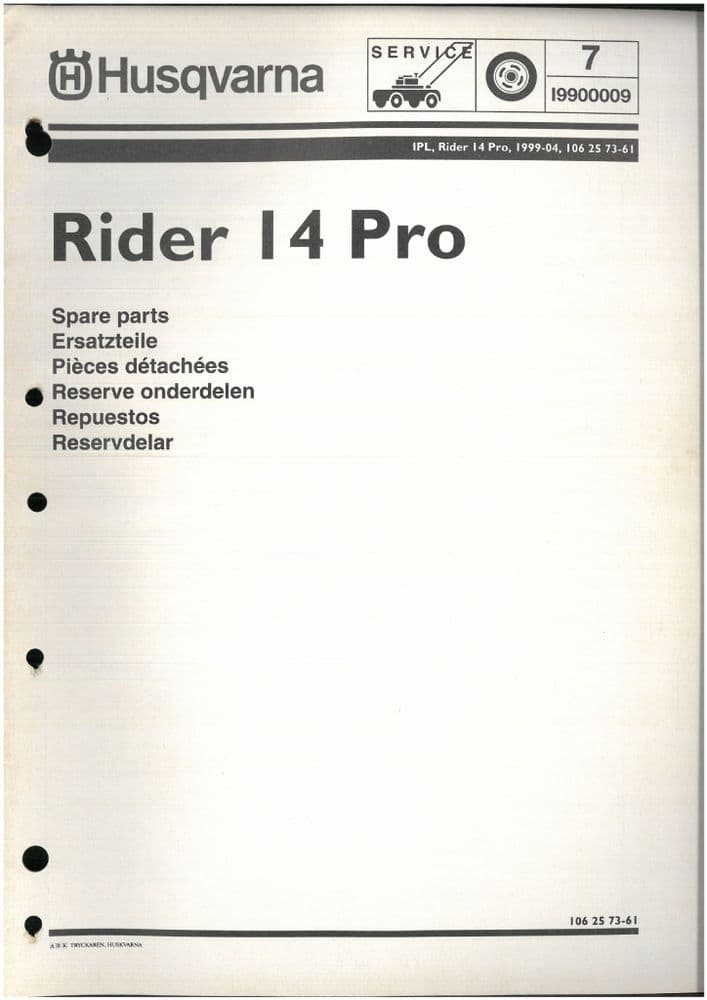 Husqvarna Ride on Garden Tractor Mower Rider 14 Pro Parts Manual