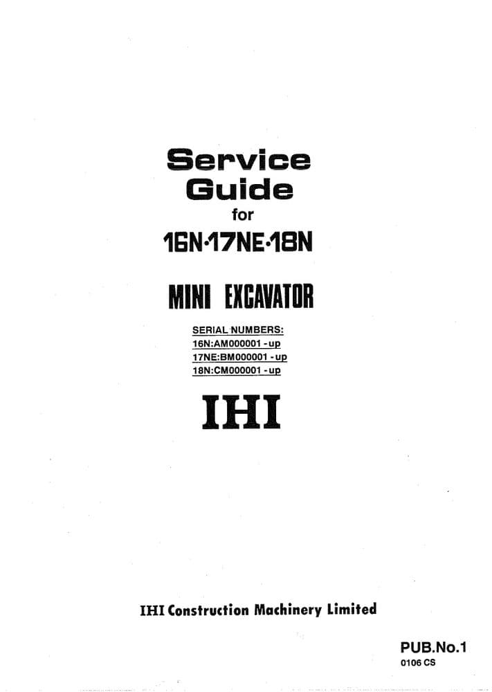 IHI Mini Excavator 16N 17NE 18N Workshop Service Manual