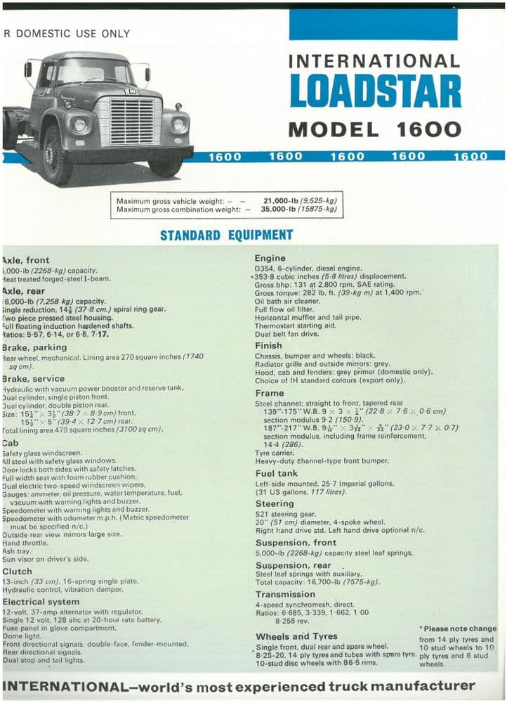 International Loadstar Truck Model 1600 Brochure