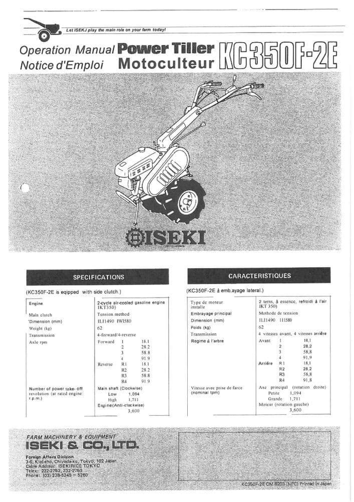 Iseki Power Tlller KC350F-2E Operators Manual