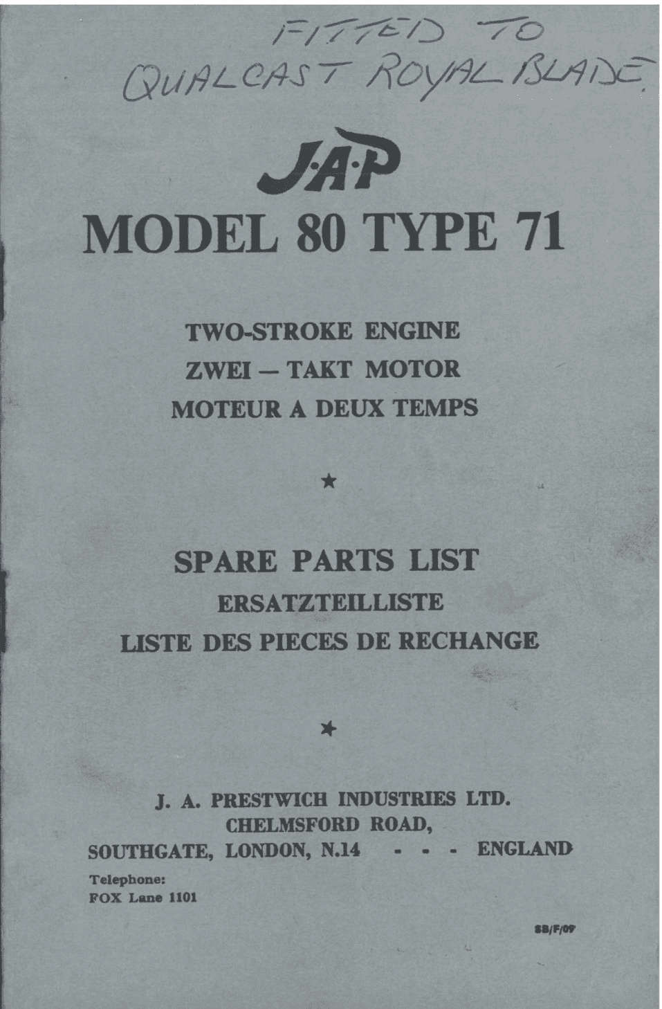 JAP Two Stroke Engine Model 80 Type 71 Parts Manual