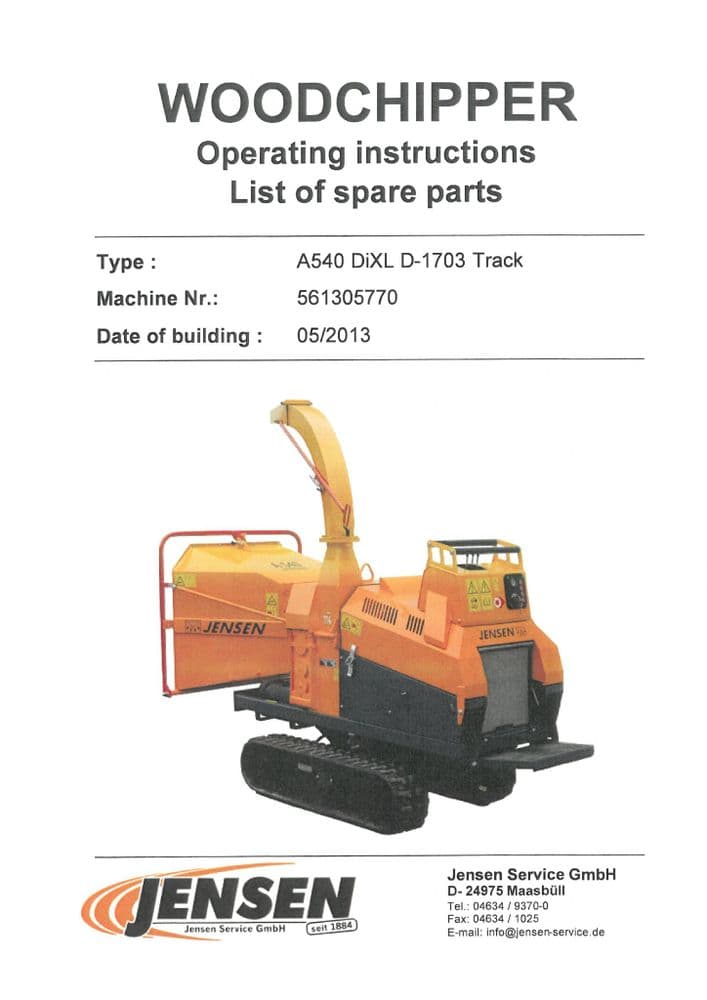 Jensen Wood Chipper A540 Operators & Parts Manual