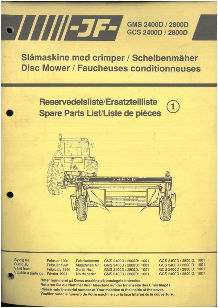 JF Disc Mower GMS2400D GMS2800D GCS2400D GCS2800D Parts Manual