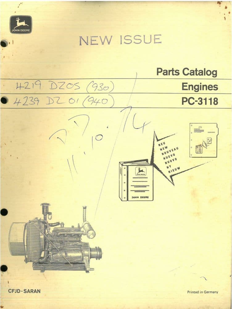 John Deere Engine 4219 & 4239 Parts Manual - DZ05 DZ01 as in 930 & 940 ...