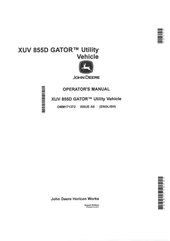 John Deere Gator Utility Vehicle XUV 855D Operators Manual