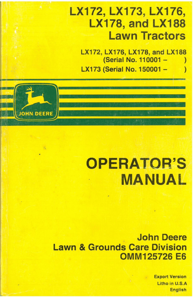 John Deere Lawn Tractor LX172 LX173 LX176 LX178 LX188 Operators Manual ...